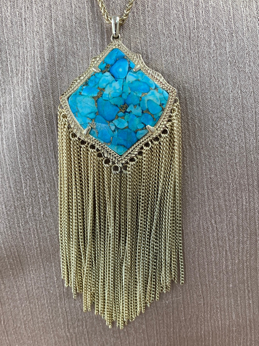 KENDRA SCOTT gold tone Turquoise Kingston Fringe Necklace Up to 32.5